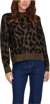 Jacqueline de Yong Jacqueline de Yong, Femme, Pulls, Brun, Taille: 42 FR Maille &agrave; Manches Longues et Motif L&eacute;opard avec Col Rond