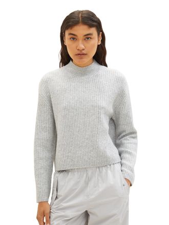 Tom Tailor Damen 1038104 Basic Pullover mit Rippstruktur, 32510-basic Light Grey Melange, XL