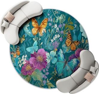 Generic Bleu-Vert Tapis de Salon Rond 160 cm, Nature Fleurs Papillons Campagne Tapis Chambre Antid&eacute;rapant Lavable, Ne Perd Pas Ses Poils Moelleux Moquette pou