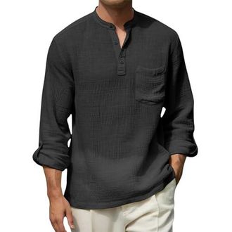 Generic Chemise en lin &agrave; manches longues pour homme Coupe ajust&eacute;e : chemise d&eacute;t&eacute; avec 1/4 bouton Down Chemise de plage avec poche de poitrine Chemise &agrave; manche