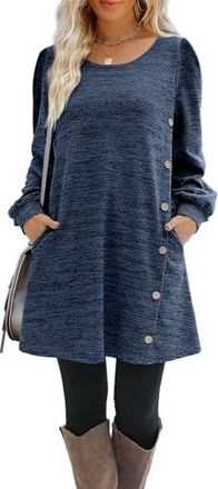ORANDESIGNE Robe Pull pour Femme D&eacute;contract&eacute;e &Eacute;l&eacute;gant Couleur Unie Col Rond Mini Robes &agrave; Manches Longues Robe Tunique Automne Hiver avec Poches et Boutons A Bleu 