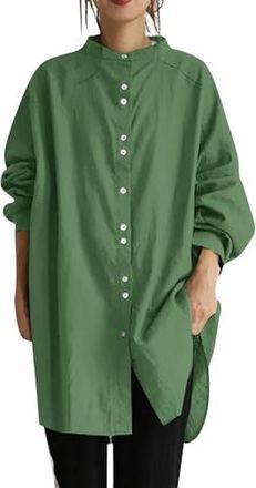 Generic Hauts d&eacute;t&eacute; amples en coton et lin pour femmes, col boutonn&eacute;, manches longues, habill&eacute;, d&eacute;contract&eacute;, tunique ample 2026, v&ecirc;tements tendance, Vert-2, 3X
