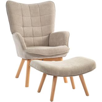 HOMCOM Sessel mit Hocker, Ohrensessel mit Hoher R&uuml;ckenlehne, Holzbeine, Loungesessel mit getuftetem Design, Cord-Optik, f&uuml;r Wohnzimmer, Hellbraun - Homcom