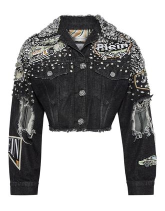 Philipp Plein Denim Cropped Jacket Ls Stones Cars Racing