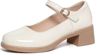Generic Femmes Printemps Mode Cuir Verni Mary Jane Confort Casual Talon Bas Chaussures Robe Chaussures avec Sangle de Cheville pour Travail, beige, 39.5 EU