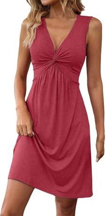 Generic Cihdmfb Robe d&eacute;t&eacute; pour femme - Col en V profond - Sans manches - Robe d&eacute;contract&eacute;e - &Eacute;l&eacute;gante - Couleur unie - Robe midi confortable et l&eacute;g&egrave;re - Coupe