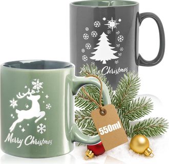 Com-Four 2x Kaffeetasse XXL 550ml mit weihnachtlichem Motiv - extra große Kaffeebecher - Weihnachtstasse groß - spülmaschinengeeignet (grün/blau - 550ml)
