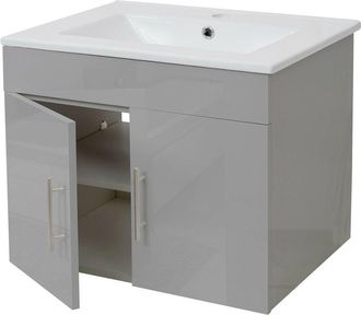 Hhg [NEUWERTIG] Waschbecken + Unterschrank HHG-235, Waschbecken Waschtisch, MVG-zertifiziert, hochglanz 60cm grau