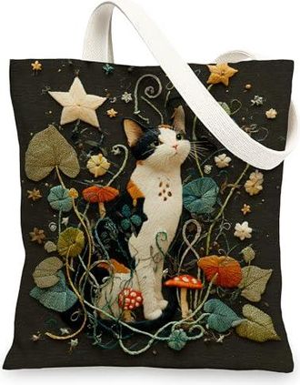 Generic Sac fourre-tout en toile brodée motif chat artistique, respectueux de lenvironnement, sac à provisions réutilisable, sacoche élégante à bandoulière no