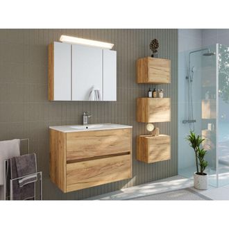 Magnolia Home Badm&ouml;belset Taifun 80cm 3tlg mit Spiegelschrank und 3er Boxen Set eiche gold