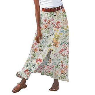 Generic Jupe Boheme Femme Coton Lin- Jupe Mi Longue Taille Moyenne Fendue Fleurie À Imprimé Floral avec Boutons Été Décontracté Slim Fluide Élégants Tous Les 