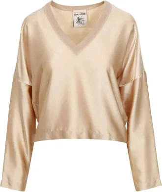 Semicouture Femme, Blouses et Chemises, Beige, Taille: 38 FR Blouse &agrave; col en V en satin et m&eacute;lange de soie