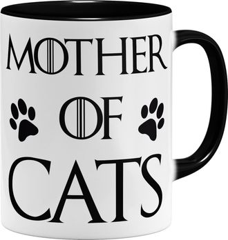 OM3 Mother of Cats Kaffee-Tasse mit Spruch - für Katzenmamas & Crazy Cat Ladys - Keramik Becher - 325ml - Beidseitig Bedruckt - Schwarz