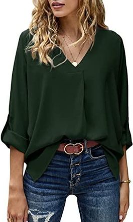 ORANDESIGNE Chemisier Femme Manches Longues Blouse en Mousseline Col V Couleur Unie Chemisie &Eacute;l&eacute;gant en Mousseline De Soie Top Chic Printemps &Eacute;t&eacute; Haut Tunique B V