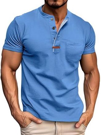 Generic T-shirt d&eacute;contract&eacute; pour homme, ample, tendance, couleur unie, col rond, poche, haut &agrave; manches courtes, polyester &eacute;lasthanne, bleu ciel, 3XL