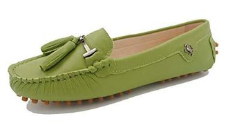 Minitoo Chaussures Casual Femme Pompon Cuir Loafers Mocassins Chaussures de Vacances Olive Verte EU 38