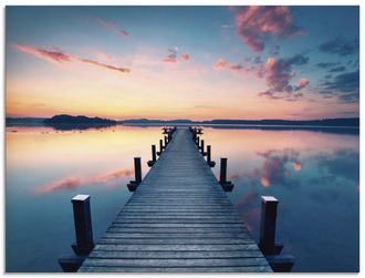 Artland ARTland Wanddeko Glasbilder Wandbild Glas Bild einteilig 80x60 cm Querformat Natur Landschaft See Sonnenuntergang Steg Pier Wald Himmel Sonne T9QL