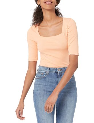 Amazon Essentials Damen Halbarm-T-Shirt mit eckigem Ausschnitt in schmaler Passform, Korallenorange, XXL