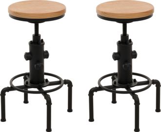 Mendler 2er-Set Barhocker HWC-N23, Barstuhl Tresenhocker h&ouml;henverstellbar drehbar Fu&szlig;ablage Industrial Eisen Massiv-Holz - Natur