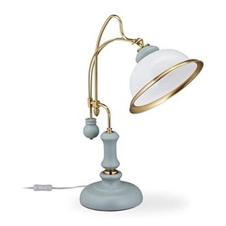 Relaxdays Tischlampe, Jugendstil Design, E27-Fassung, Nachttischlampe HBT: 61x26x45 cm, Holzfuß, Glasschirm, blau/weiß