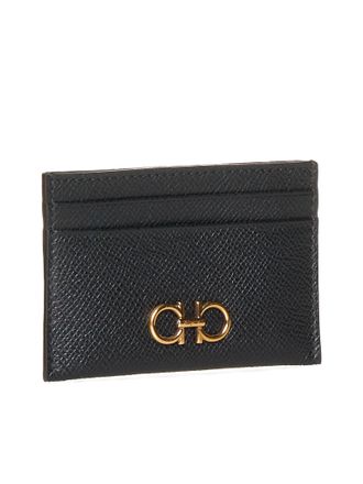 Ferragamo Womens Card Holder Gancini Textured Leather Black Calf Wallets & Purses