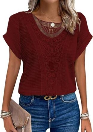 Minetom Chemise Femme Dentelle Tee Shirt Été Manches Courtes Col Rond Blouse Élégant T Shirt Casual Chemisier Haut Tops A Vin Rouge M