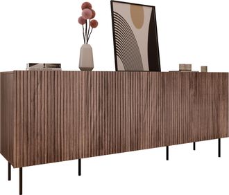 Mirjan24 Kommode Trigev 200 4D mit 4 Türen, innen 8 Fächer, Türkommode mit geriffelte Fronten, Ohne Griffe, Metallfüße, Anrichte, Mehrzweckschrank (Nuss Warmia