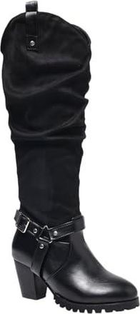 Generic Bottes Hautes Pour Femmes, Talon Bloc De 7 Cm Élégantes Chaussures À Enfiler Avec Boucles Rivets Bottes Dhiver Grandes Tailles Bout Rond Bottes Montan