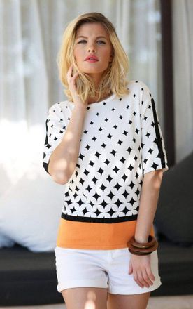 Passioni Sweater Pulli mit Schwarz-Wei&szlig;em Muster und Orangefarbenem Kontrast