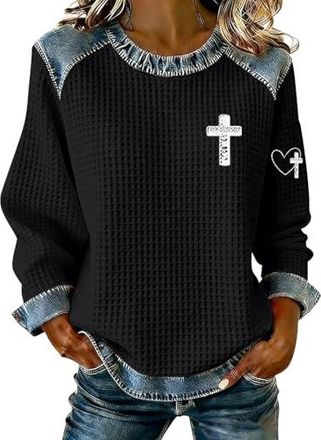 Generic Sweats chr&eacute;tiens pour femmes vintage en tricot gaufr&eacute; denim patchwork sweatshirt religieux foi J&eacute;sus croix graphique tops blocs de couleur denim &eacute;piss