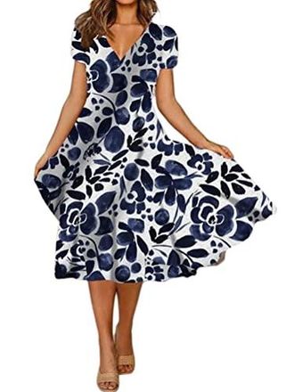 Onsoyours Robe Femme Casual A Line Col V Manches Courtes Floral Boho Beach Dress A Bleu M
