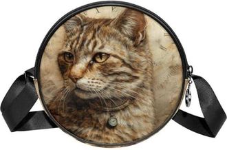 Generic Sac &agrave; bandouli&egrave;re rond pour femme, motif chat vintage, petit sac &agrave; bandouli&egrave;re avec fermeture &eacute;clair, bretelles r&eacute;glables, sac &agrave; main rond d&eacute;contract&eacute;