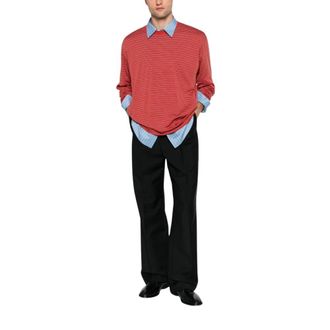 Auralee Soft Smooth Wool Stripe Jersey L/S Tee - - Tops - Herren - Rot - 2XL