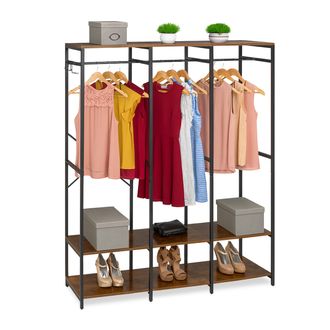 Relaxdays Garderobe, offen, Kleiderschrank, Ablagen & Stange, HBT: 180x141x40 cm, Kleiderst&auml;nder, Metall, schwarz/braun