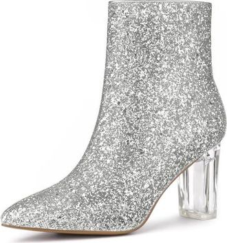Allegra K Bottines à talon bloc transparent à paillettes pour femme, Argenté, 37.5 EU