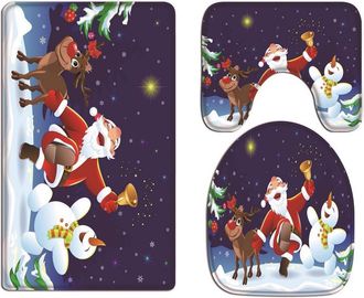 A.Monamour Badezimmer Badematte 3 Teilig Set Frohe Weihnachtsmann Hirsch Glocken Schneemann Im Winter Weißen Schnee Wald Weihnachten Flanell Saugfähig Badteppich