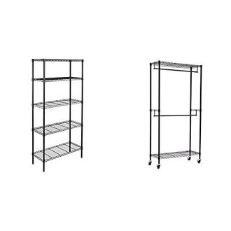 Amazon Basics Portant &agrave; double tringle avec roulettes Noir & &Eacute;tag&egrave;re 5 niveaux Noir