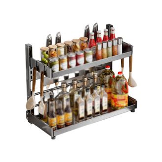 Generic Doppelschichtiges Gewürzregal, höhenverstellbares Lagerregal aus Edelstahl mit Messerhalter und 4 Haken, stehende Aufbewahrung auf der Küchenarbeitspl