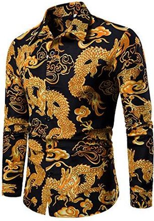 Generic Chemise &agrave; manches longues pour homme, coupe ajust&eacute;e, motif dragon, chemisiers chinois boutonn&eacute;s pour f&ecirc;te, festival, tenue de sc&egrave;ne, T-shirt noir &agrave; ma