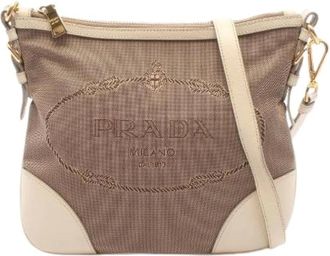 Prada Sac bandouli&egrave;re Pre-owned en toile et cuir Logo Jacquard - Femme - Pre-owned - Beige - Taille: ONE Size