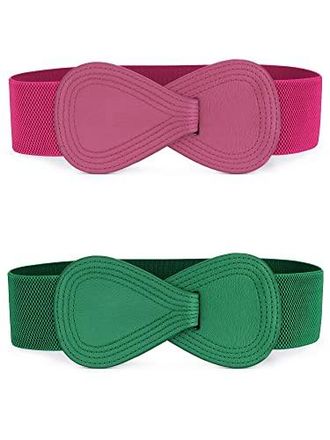 Allegra K Ceinture &eacute;lastique pour femmes Interlock Ceintures &agrave; boucle en similicuir en forme de 8 pour dame Vert rose rouge 68.6cm/27