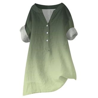Generic Chemise en lin pour femme - Col en V - D&eacute;grad&eacute; - Manches longues - Col en V - Chemisier basique pour le travail de bureau, vert militaire, 3XL
