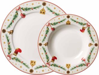 Ritzenhoff & Breker Holly Tafelservice 12-teilig für 6 Personen - Weihnachtsgeschirr aus Porzellan im Retro-Design - spülmaschinenfest & mikrowellengeeignet - Weiß/Rot/Gr