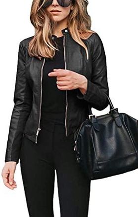 Onsoyours Femme Veste en Cuir PU Vintage Bombers Moto Blouson Manteau Simili Cuir Biker Jacket Zipp&eacute; Chaud Casual A Noir XXL