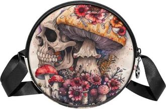 Generic Petit sac &agrave; bandouli&egrave;re circulaire pour femme, motif cr&acirc;nes, fleurs, petit sac &agrave; bandouli&egrave;re avec fermeture &eacute;clair, bretelles r&eacute;glables, sac &agrave; main ro
