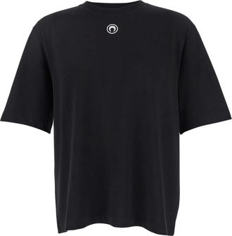 Marine Serre Homme, Tops, Noir, Taille: XL T-shirt col rond noir avec logo brod&eacute;