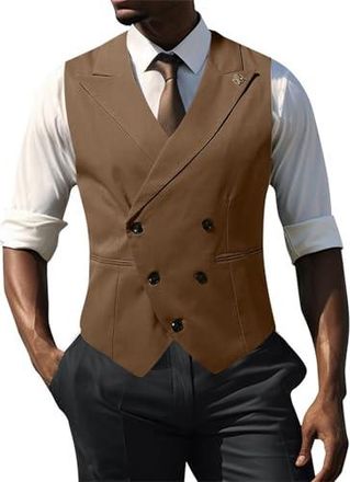 Generic Gilet western dextérieur pour homme avec col en V - Couleur unie - Coupe ajustée, café, 3XL