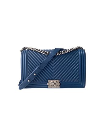 Chanel Blue Chevron Leather Boy Bag