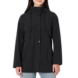 Amazon Essentials Damen Leichte, Wasserdichte, Lange Relaxed-Fit-Regenjacke mit Kapuze, Schwarz, XL