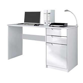 Vladon Bureau Logan, Petit Bureau avec 2 tiroirs et dUne Porte, Blanc Mat/Blanc Haute Brillance (129 x 76 x 60 cm)